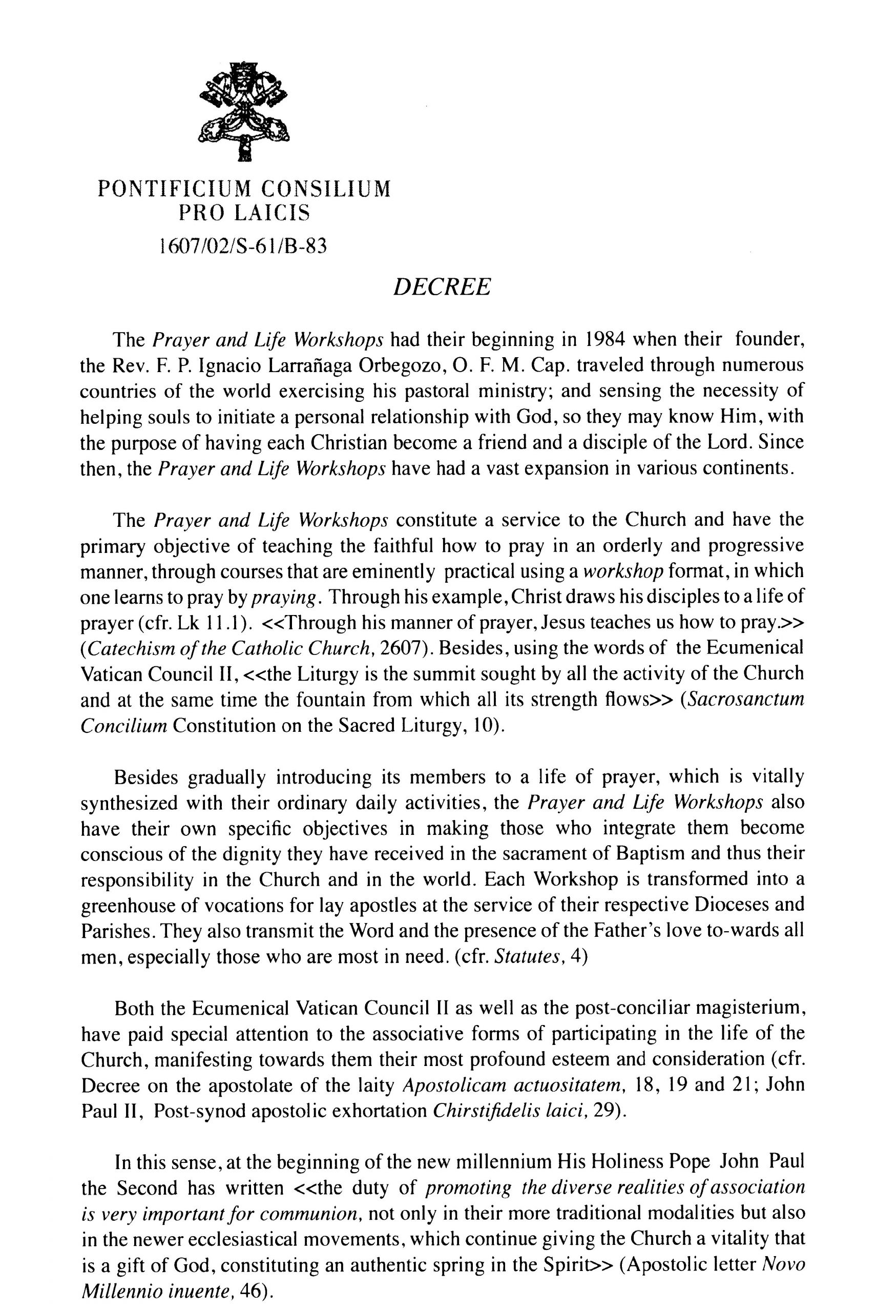 THE VATICAN AND THE PLW – Prayer and Life Workshops (UK)